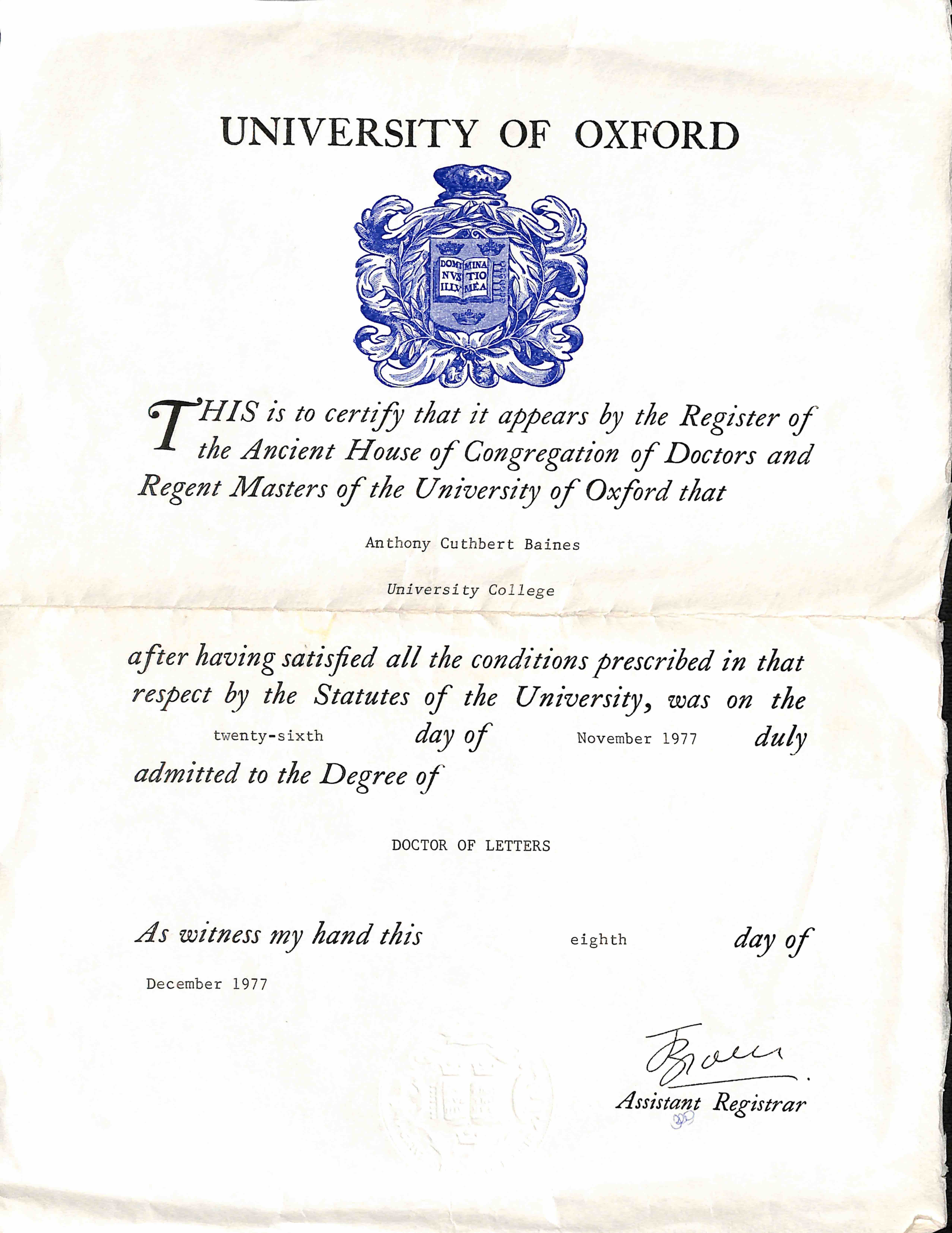 Doctor of Letters | The Bate Collection